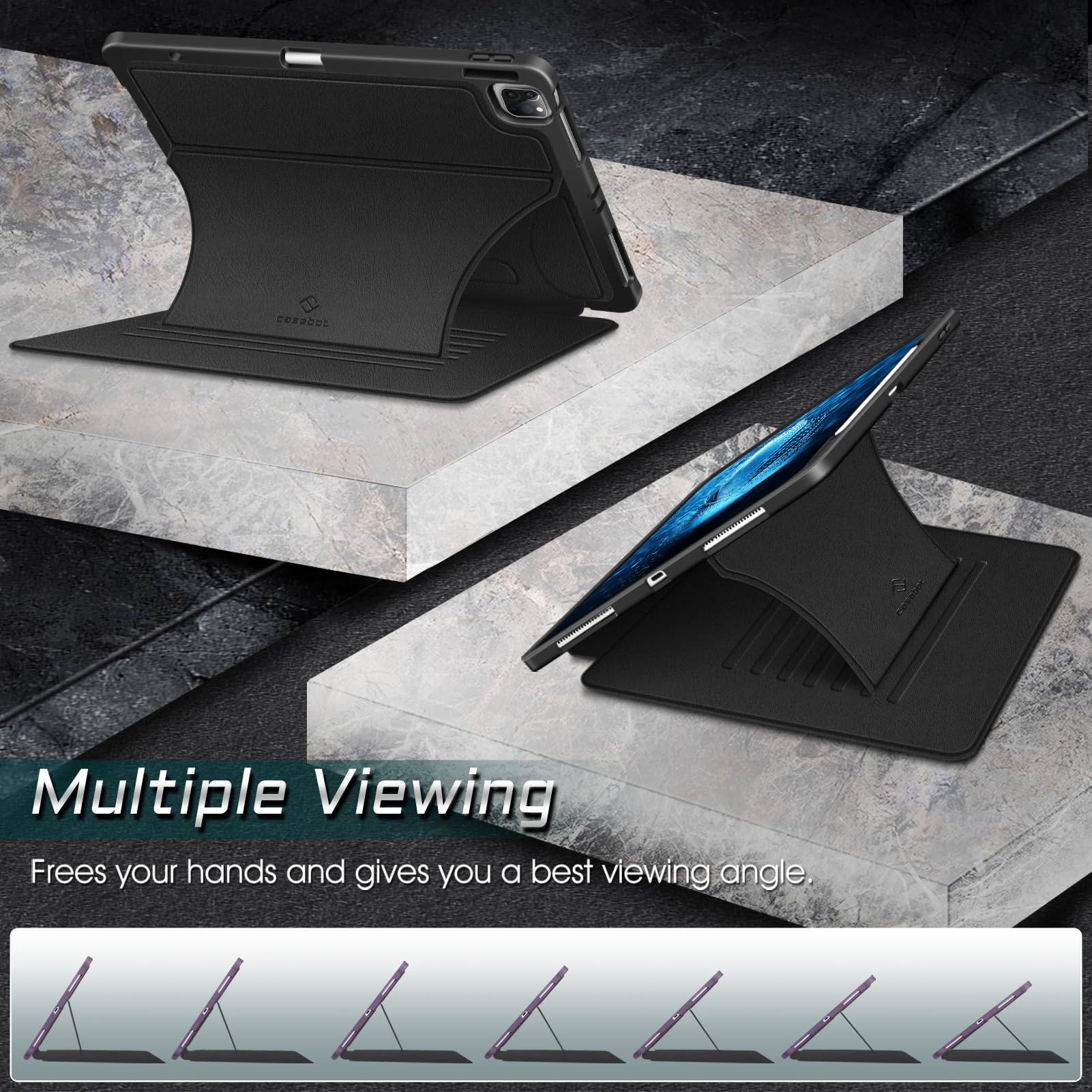 CaseBot Magnetic Case for iPad Pro 12.9-inch 6th Generation 2022, Multiple Angle Shockproof Rugged Stand Case, Soft TPU Back Cover w/Pencil Holder, Also Fit iPad Pro 12.9" 5th/4th/3rd Gen, Black