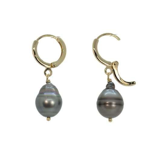 14K Gold Filled Genuine Tahitian Black Pearl Hoop Earrings for Women