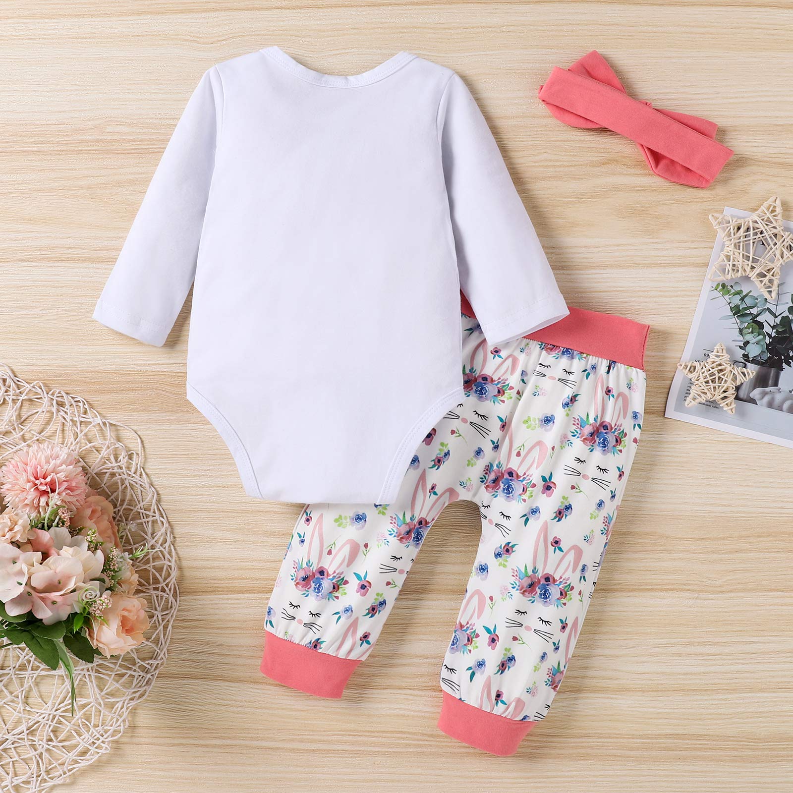 Newborn Infant Baby Girl My 1st Easter 3Pcs Clothes Set Long Sleeve Romper Bodysuit+Rabbit Pants+Headband Outfit (White, 6-12 Months)