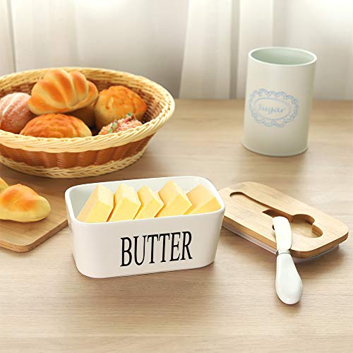 YCOCO Large Butter Dish with Lid,Ceramic Butter Container With Airtight Cover,Butter Keeper Double Silicone Seals with Knife for kitchen,Holds 2 Standard Stick,White