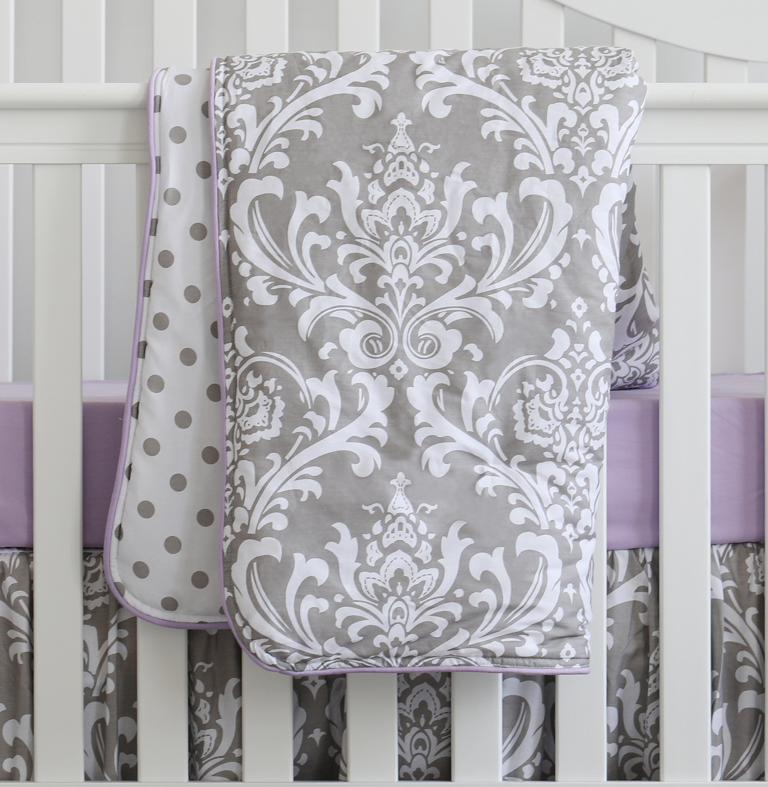 3 pcs Set Boho Floral Ruffle Baby Minky Blanket Baby Nursery Crib Skirt Set Baby Girl Crib Bedding (Grey Purple)