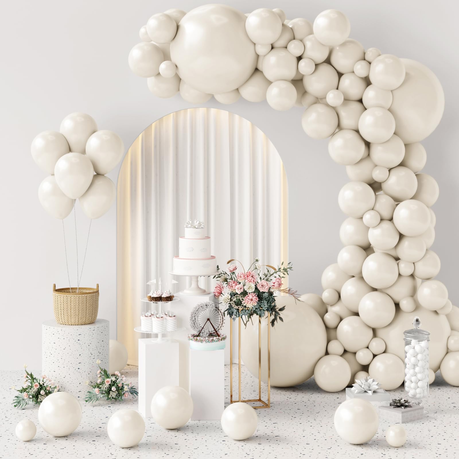154pcs Ivory White Balloons White Sand White Cream Beige Balloon for Balloon arch Different Sizes 5/10/12/18 Inch Balloon Garland Kit for Wedding Birthday Party Supplies Bridal Shower Decorations