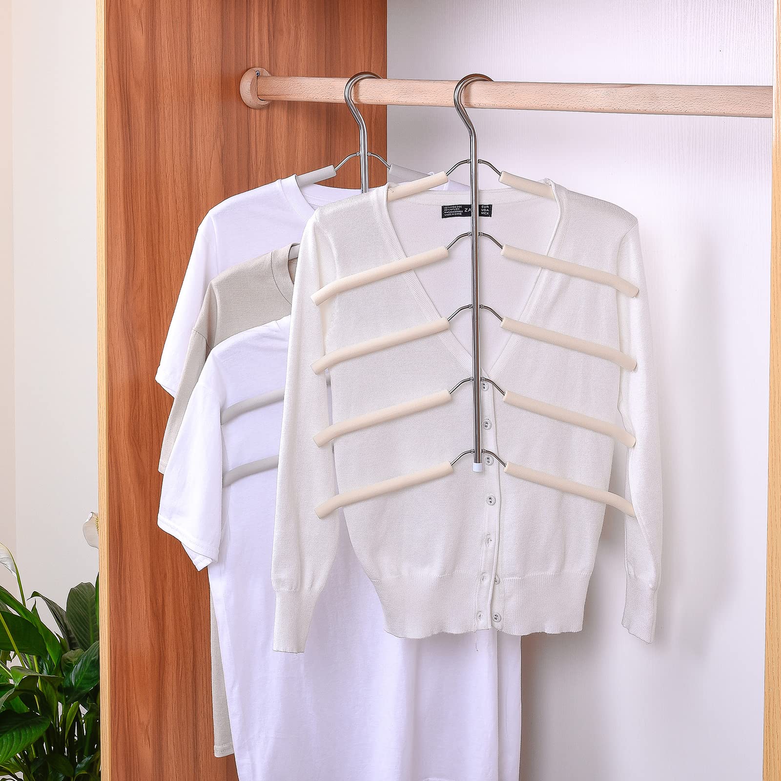 3 Pack 5 in 1 Space Saving Clothes Hangers Chrome and Foam Blouse Tree Hangers Multi Layers Clothes Rack Non Slip Stainless Steel Shirt Hangers Coats Hangers Closet Storage Organizer(White)