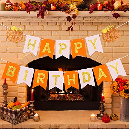 Fall Pumpkin Happy Birthday Banner for Thanksgiving Fall Pumpkin Themed Birthday Party Decorations Supplies