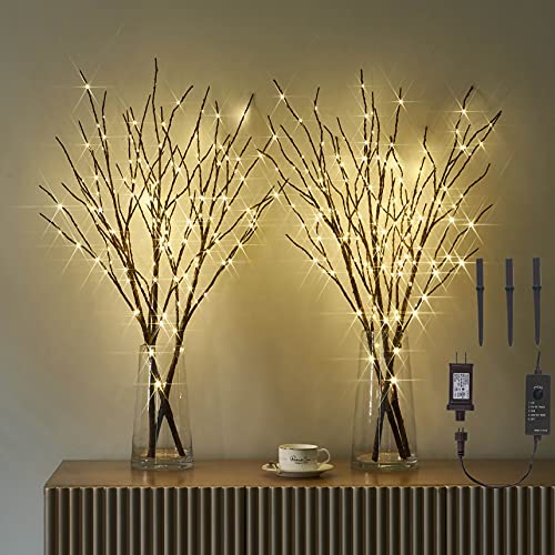 LITBLOOM Lighted Brown Willow Branches with Timer and Dimmer 2 Sets Tree Branch with Warm White Lights for Holiday and Party Decoration 32IN 150 LED Waterproof Plug in