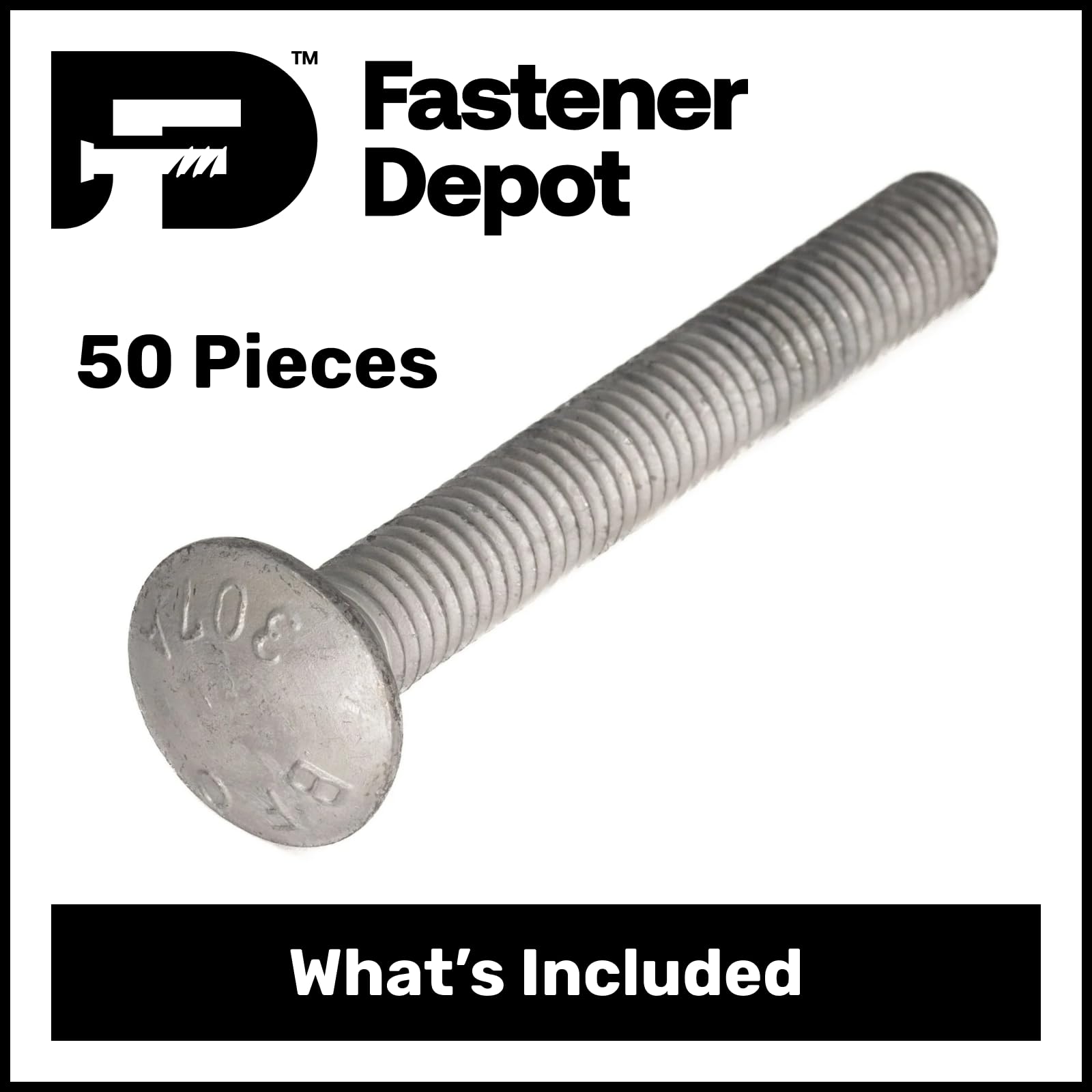 3/8"-16 x 1-1/2" Hot Dipped Galvanized Carriage Bolt, Grade A, Full Thread, Quantity 50 - by Fastener Depot, LLC