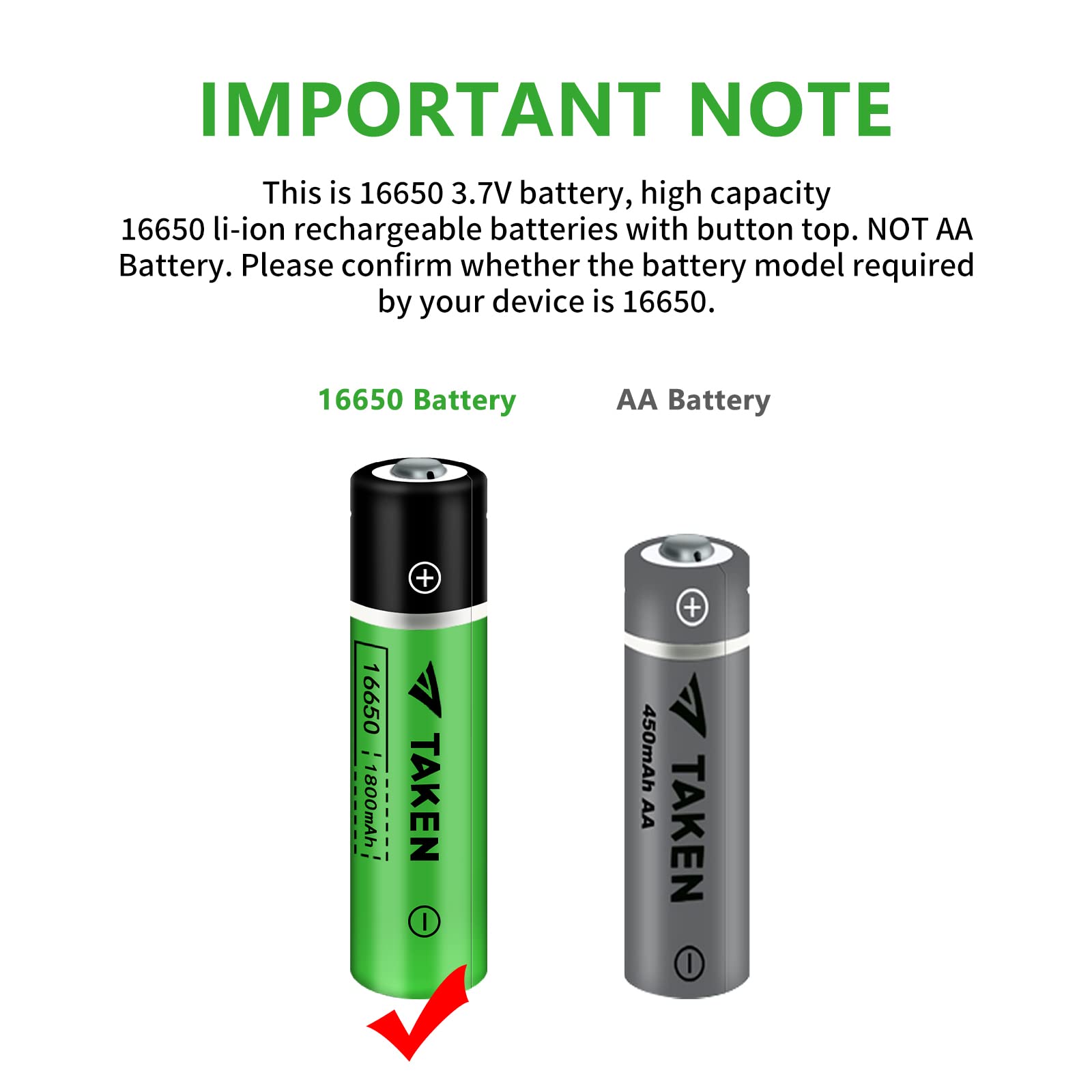 Taken 16650 Rechargeable Battery, 16650 Battery 1800mAh 3.7V Li-ion Rechargeable Battery with Button Top for Flashlights Torches - 2 Pack