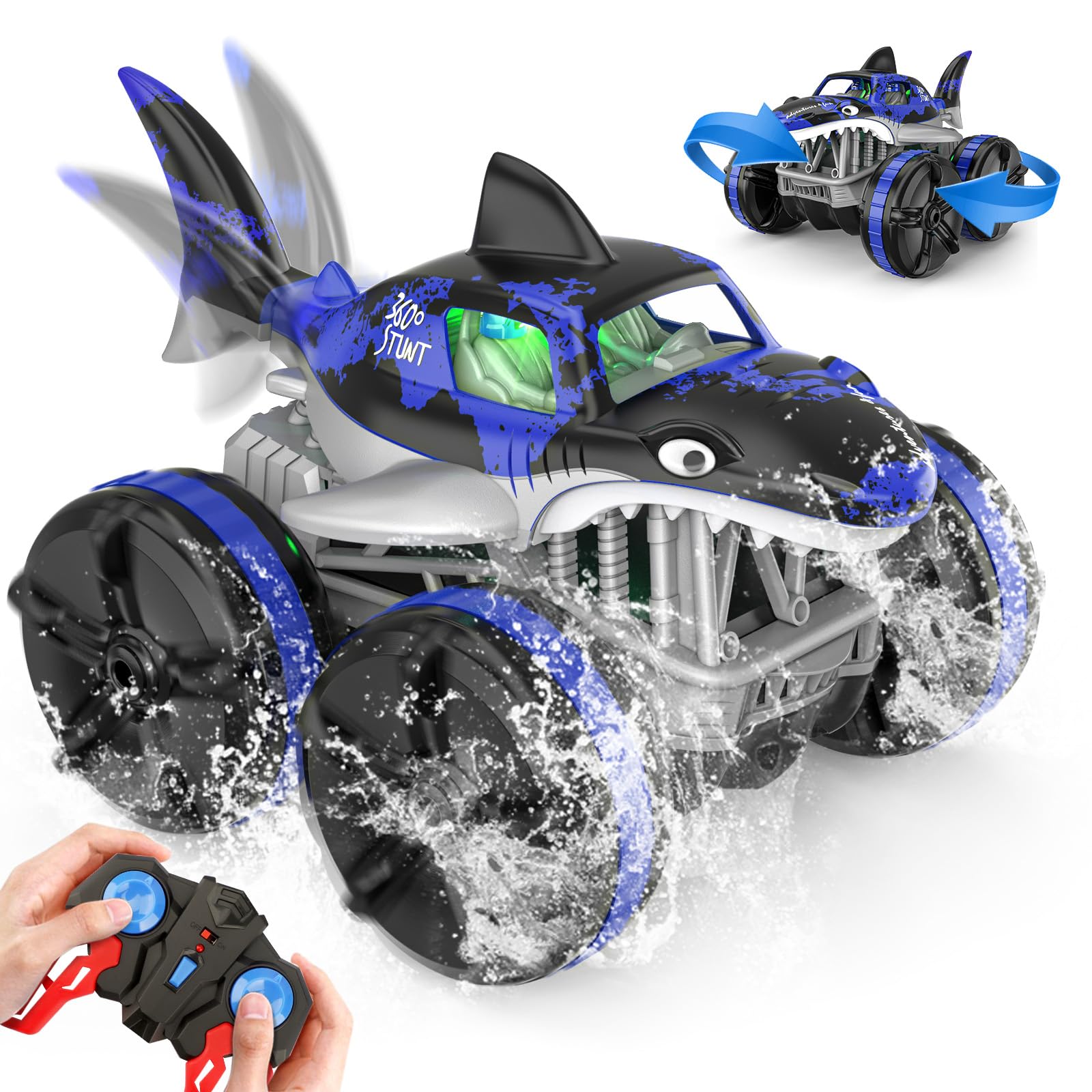Amphibious Remote Control Car, RC Cars 2.4 GHz Working on Water, All Terrain Monster Shark Truck Stunt Car, Toys Gift for Boys Girls Age 5 6 7 8 9 10