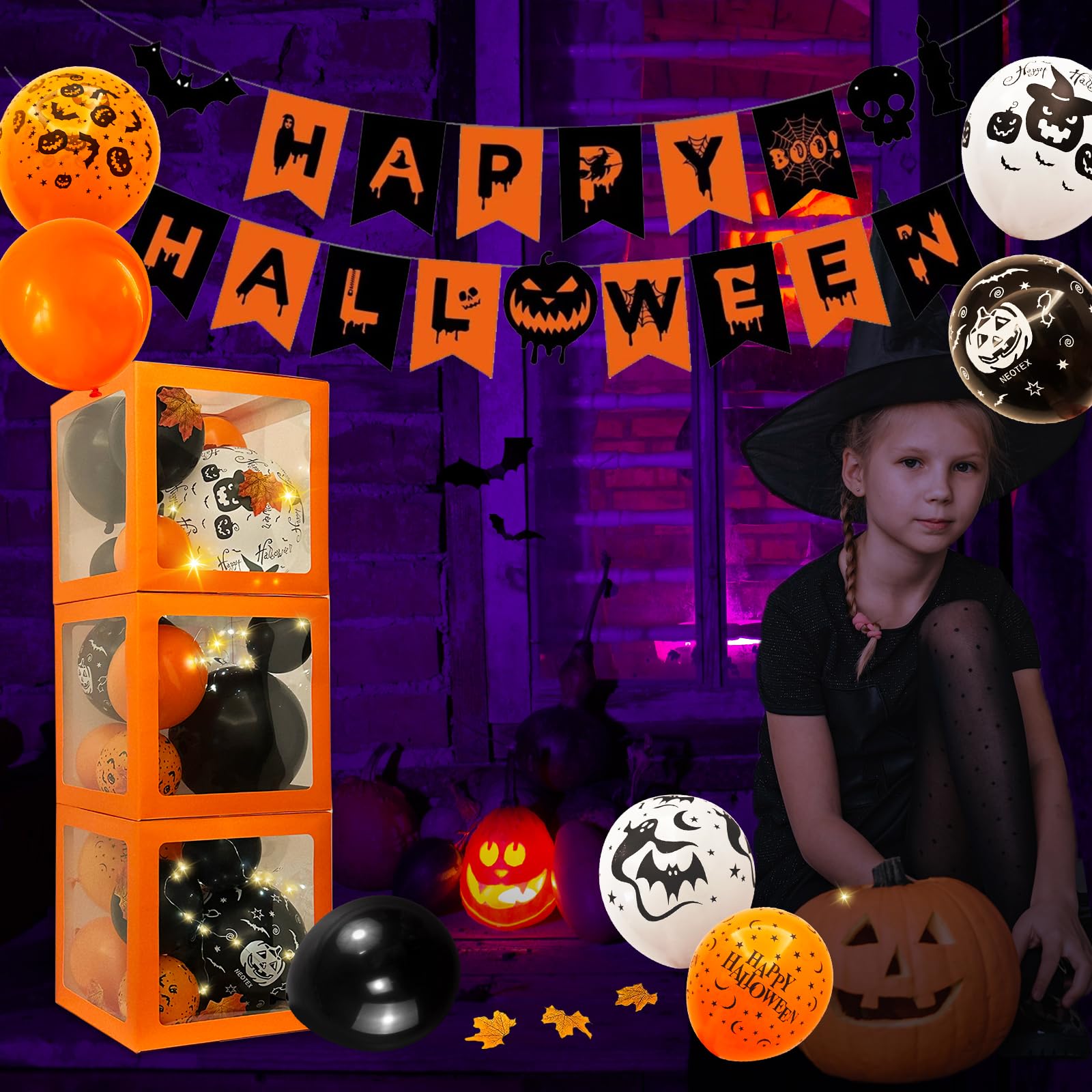 128 Pcs Halloween Party Decorations, Halloween Party Supplies - Halloween Balloon boxes, String Light, "HAPPY HALLOWEEN" Banner, "BOO" Banner, Multi Balloons, Bat Decor, Spider Wed