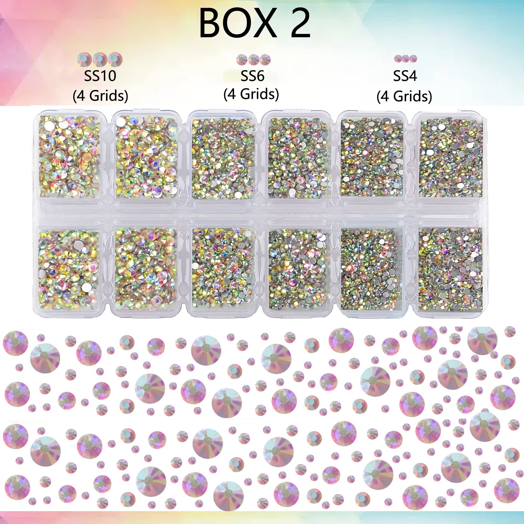 2-Box Massive Beads 8000pcs 6Sizes Nail Art Flatback Glasses Rhinestones Crystal for DIY Project with Tweezers and Picking Pen for Nail Art, Face Art, Manicure (Crystal AB, 6 Sizes)