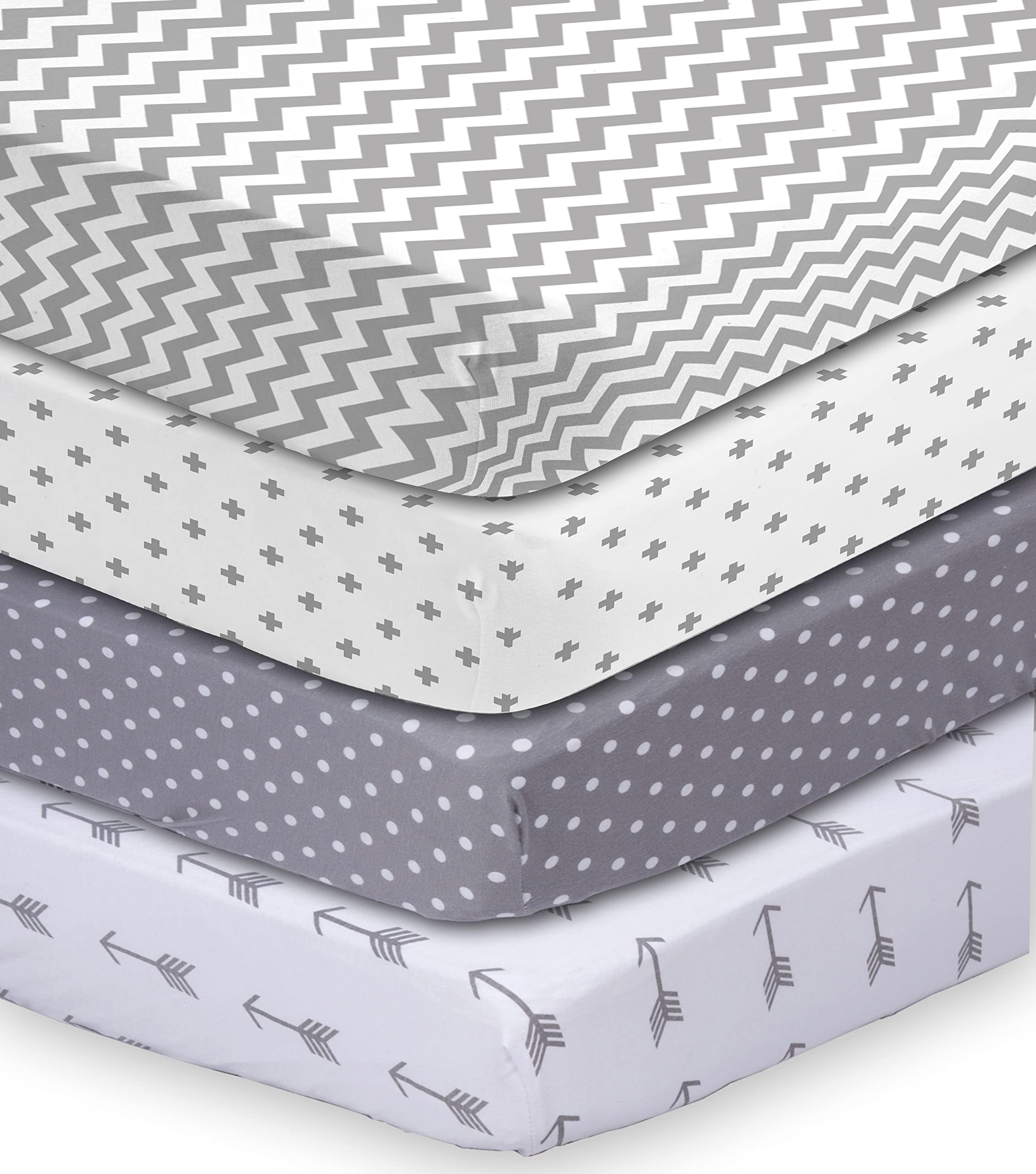 BaeBae Goods Premium Crib Sheets for Baby Boys and Girls, 4 Pack, Soft and Breathable Jersey Knit Fitted Sheet Set, Grey and White, Cute Gender Neutral Nursery Mattress Bedding, Universal Fit