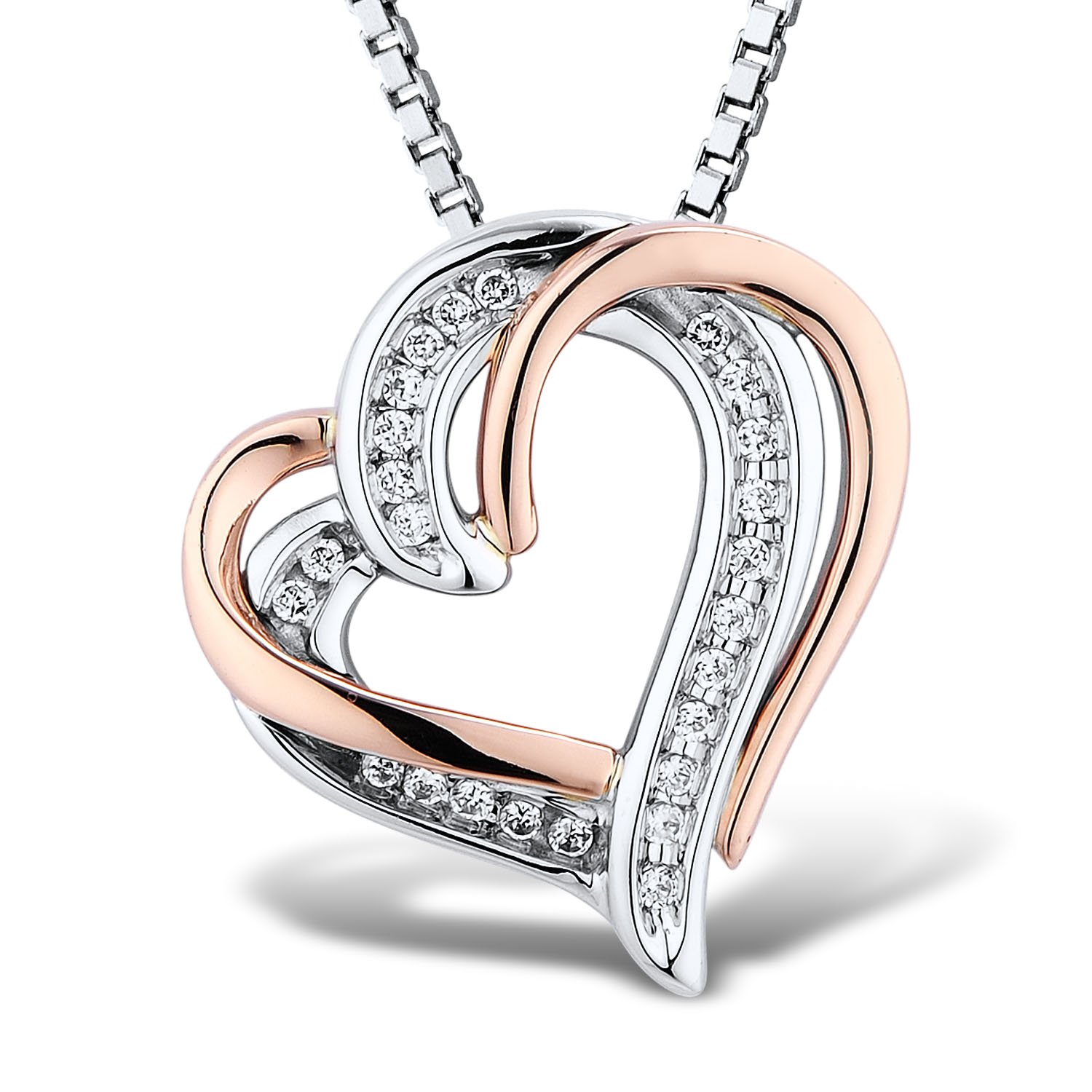 14kt Solid Rose Gold and Sterling Silver Diamond Double Heart Pendant Necklace 1/10 cttw Natural Diamonds - 18 Inch BoxChain