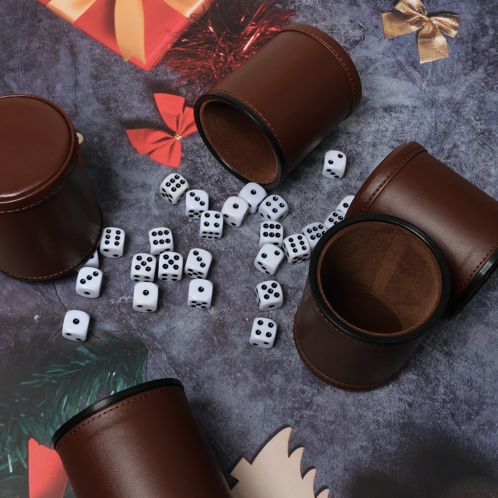 5 Pack PU Leather Dice Cups Felt Lining Quiet Shaker with 30 Dot Dice for Bar Party Yahtzee Farkle Dice Games