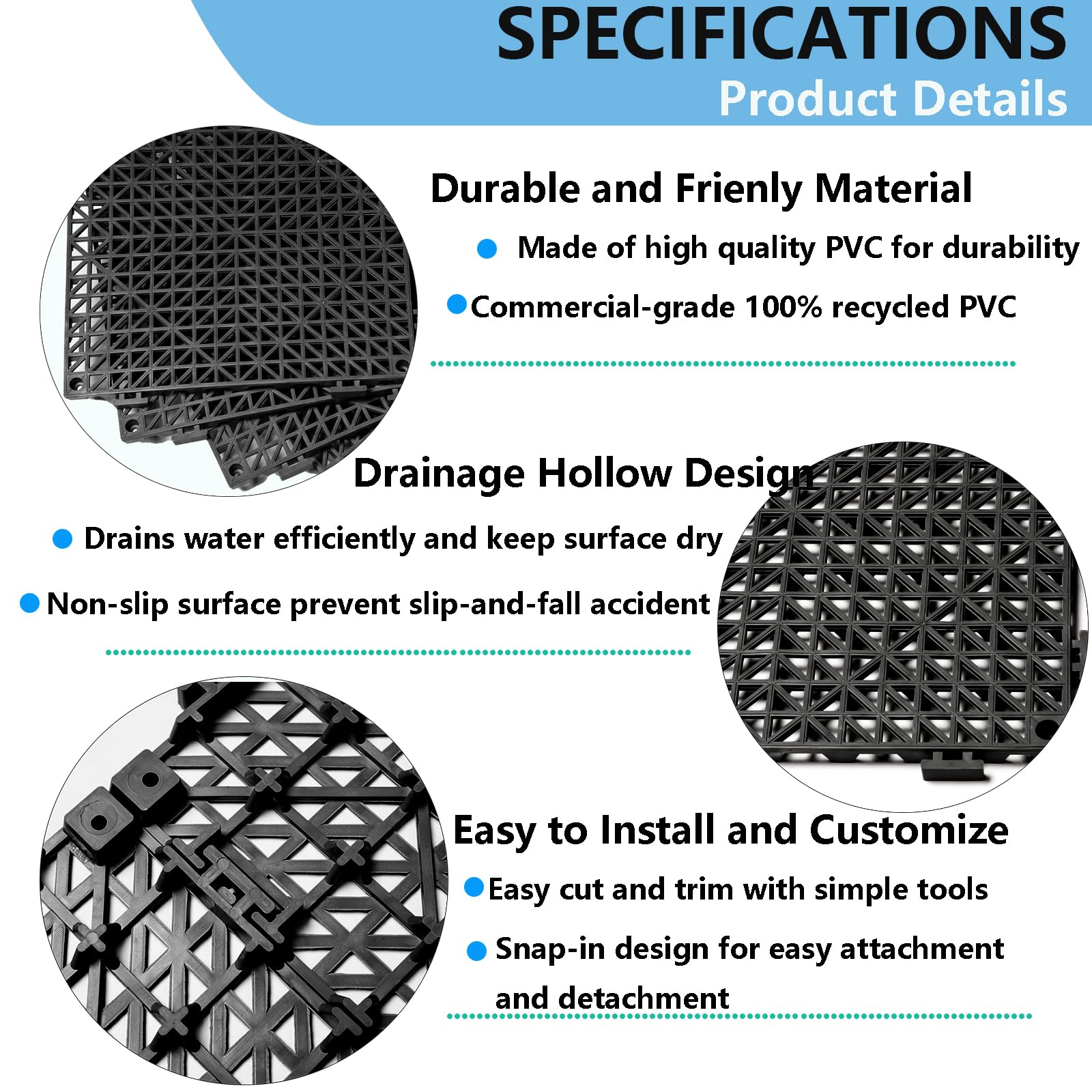 10Pack Modular Rubber Floor Tiles, 12” x 12” Non-Slip Rubber Drain Mats for Pool Hot Tub Flooring, Splicing Commercial Drainage Mat for Deck Swiming Pool Balcony Kitchen Shower Indoor