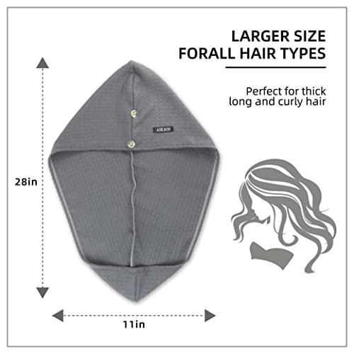 AIKAOS Microfiber Hair Towel Wrap for Women and Men,2 Button-Loop Closure,Super Absorbent Quick Hair Drying Waffle Weave Towels for Drying Curly, Long,Thick Hair ((Grey))