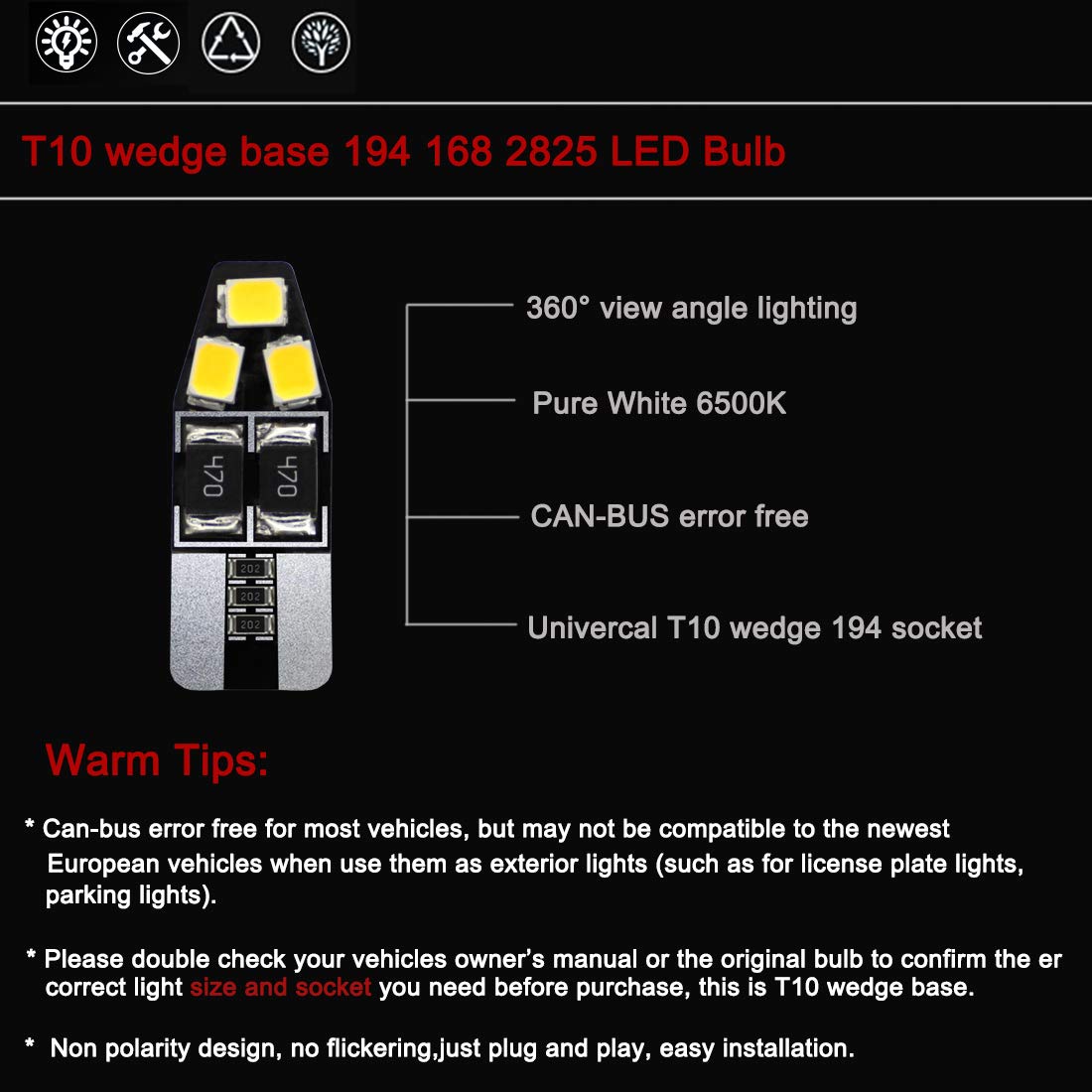194 158 LED Light Bulb 6500K Xenon White DC12V 168 2825 W5W T10 Wedge CAN-Bus Error Free, Non-Polarity for Car Side Marker Lights Dome Map Door Courtesy License Plate -10 Pack