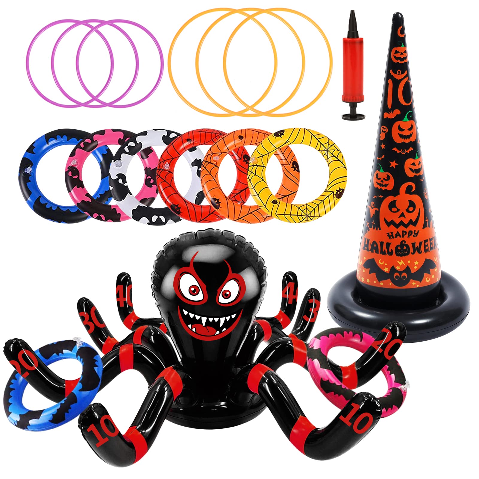 15Pcs Halloween Games Inflatable Spider Ring Toss Game with 12 Rings and Pump Halloween Ring Toss Game Set Gift for Kids Adults