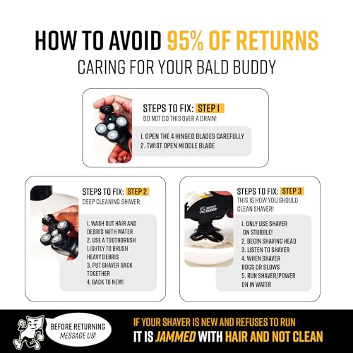 Head Shaver for Bald Men, Water-Resistant, Replaceable Head, Rechargeable, Electric, Cordless, Ergonomic, Bald Buddy