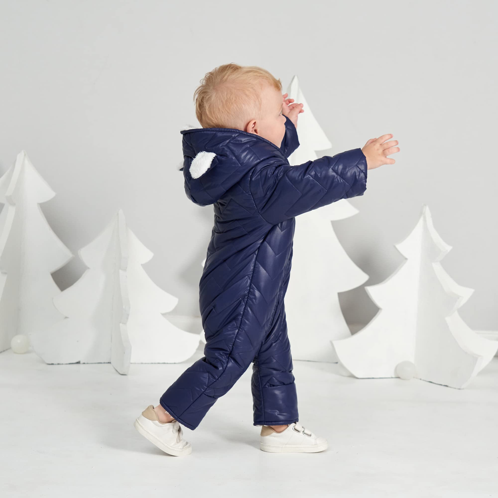 Bafeicao Baby Boy Girl Winter Hooded Snowsuit Romper Zipper Padding Bodysuit Infant Puffer Jacket with Gloves 9-12 Months, Navy Blue