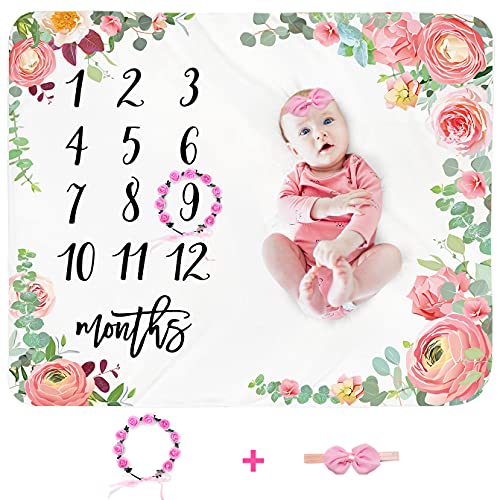 Baby Monthly Milestone Blanket Girl - Floral Newborn Month Blanket Personalized Shower Gift Soft Plush Fleece Photography Background Photo Prop Large Flower Blanket with Wreath Headband