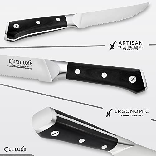 Cutluxe Steak Knives - Serrated Steak Knife Set of 4 β Forged High Carbon German Steel β Full Tang β Ergonomic Handle Design β Artisan Series