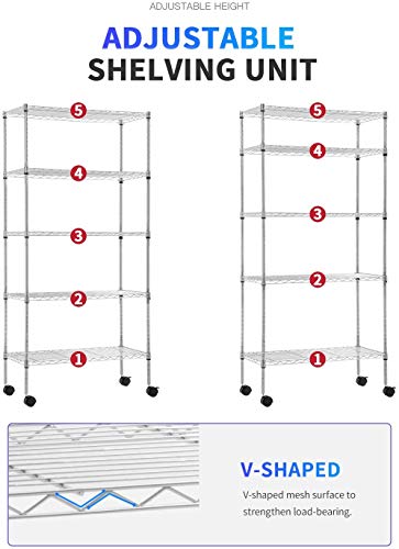 Metal Storage Shelves 5 Tier Wire Shelving Unit with Wheels, NSF Wire Shelf Utility Commercial Grade Heavy Duty Height Layer Rack for Pantry Closet Kitchen Laundry Organization ,14”Wx30”Dx60”H,Chrome