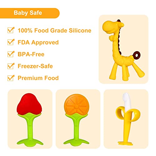 Baby Teething Toys, Silicone Baby Teether Soothe Babies Gums, Banana Toothbrushes, Fruit Shape Giraffe Teething Toys with Storage Case/Bpa-Free Teether Set for Toddler