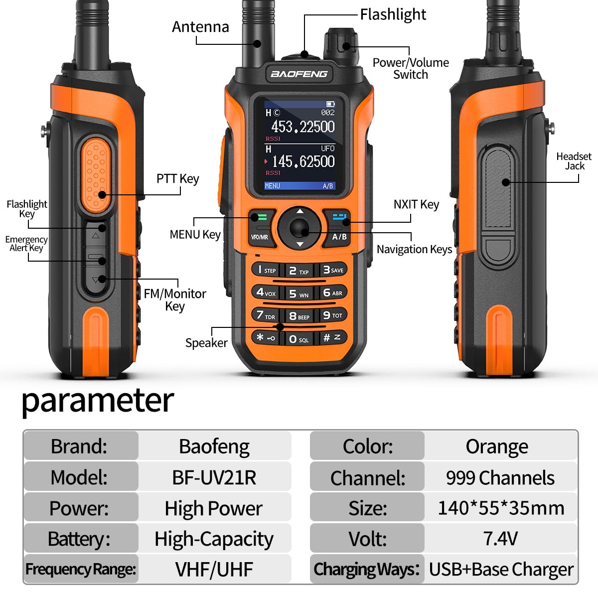 2 Pack BaoFeng UV-21R (Upgrade of UV-5R) Ham Radio Handheld Long Range Walkie Talkies UHF VHF Dual Band 2-Way Radio Full Kit with Type-C Cable,High Gain Orange Antenna and Programming Cable