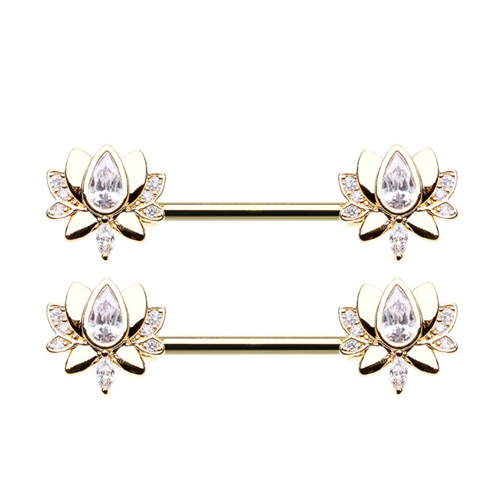 14GA Stainless Steel CZ Crystal Blooming Lotus Flower Nipple Barbells, Sold as a Pair (Gold Tone)