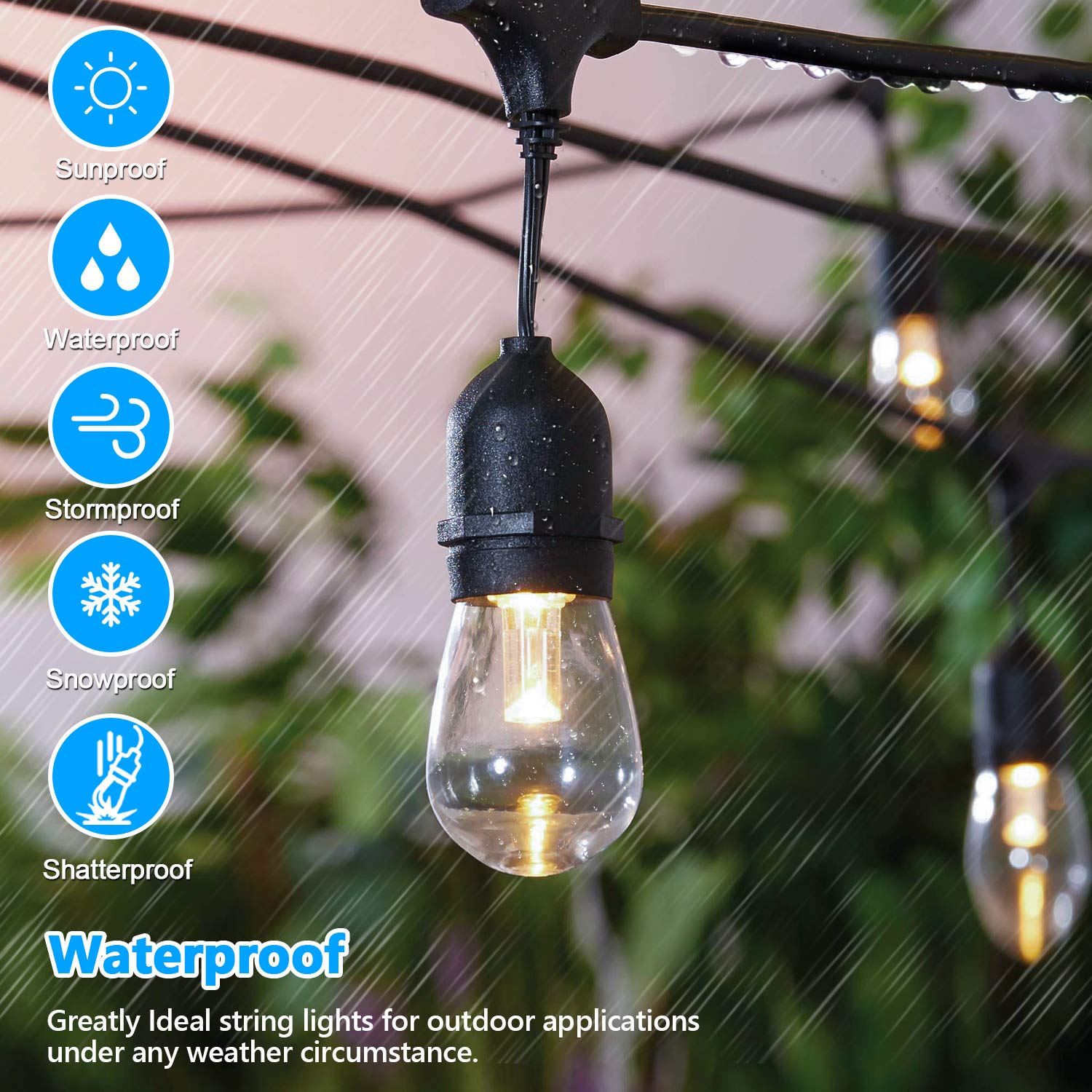 3 Color Dimmable LED Outdoor String Lights with Remotes, 48FT Waterproof Patio Hanging Lights with Shatterproof E26 S14 LED Bulbs for Bistro CafeĀ Pergola Party, Warm White/Nature White/Daylight White