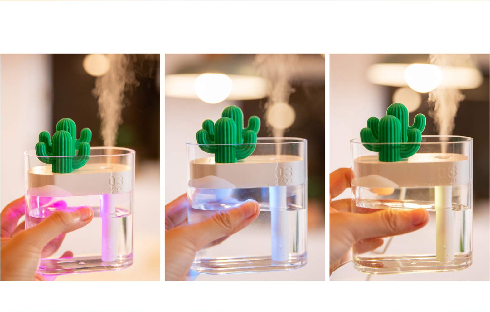 AmuseNd USB Cool Mist Humidifier with Night Light, Mini Size Cactus Humidifier for Bedroom Home Office Car with Timed auto Shutdown(Transparent)
