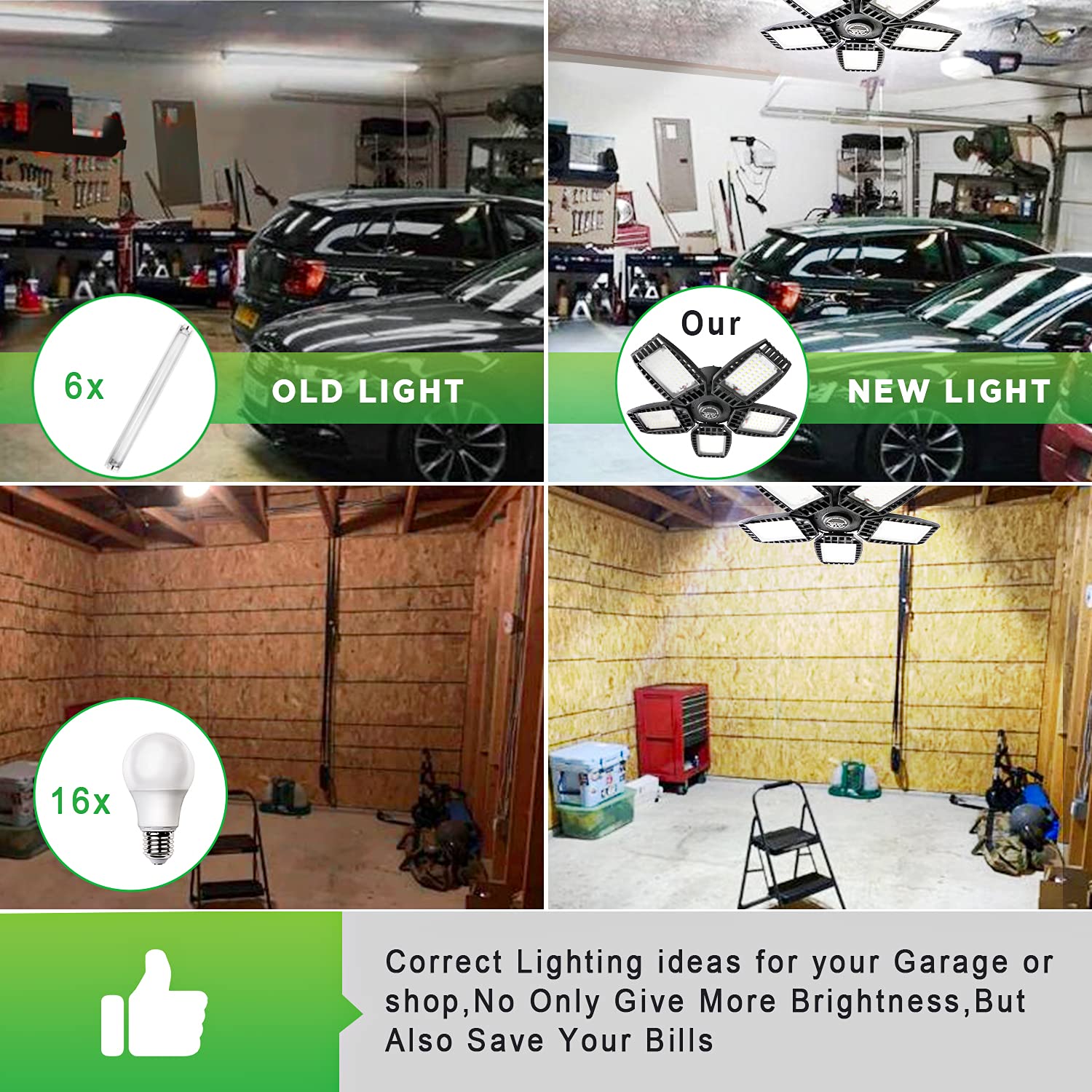 2-Pack LED Garage Lights, 100W Deformable E26/E27 Garage Ceiling Light, 10000LM Five-Leaf Adjustable Garage Lighting Fixture, CRI>80, 6500k Nature Light, for Workshop, Workbench, Barn, Basement