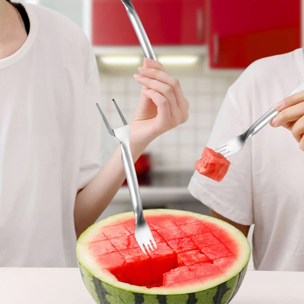 2-in-1 Stainless Steel Fruit Cutter, Upgrade Watermelon Fork Slicer Cutter Slicer Tool, Dual Head Fruit Forks Slicer Knife for Home Parties Camping (2Pcs)