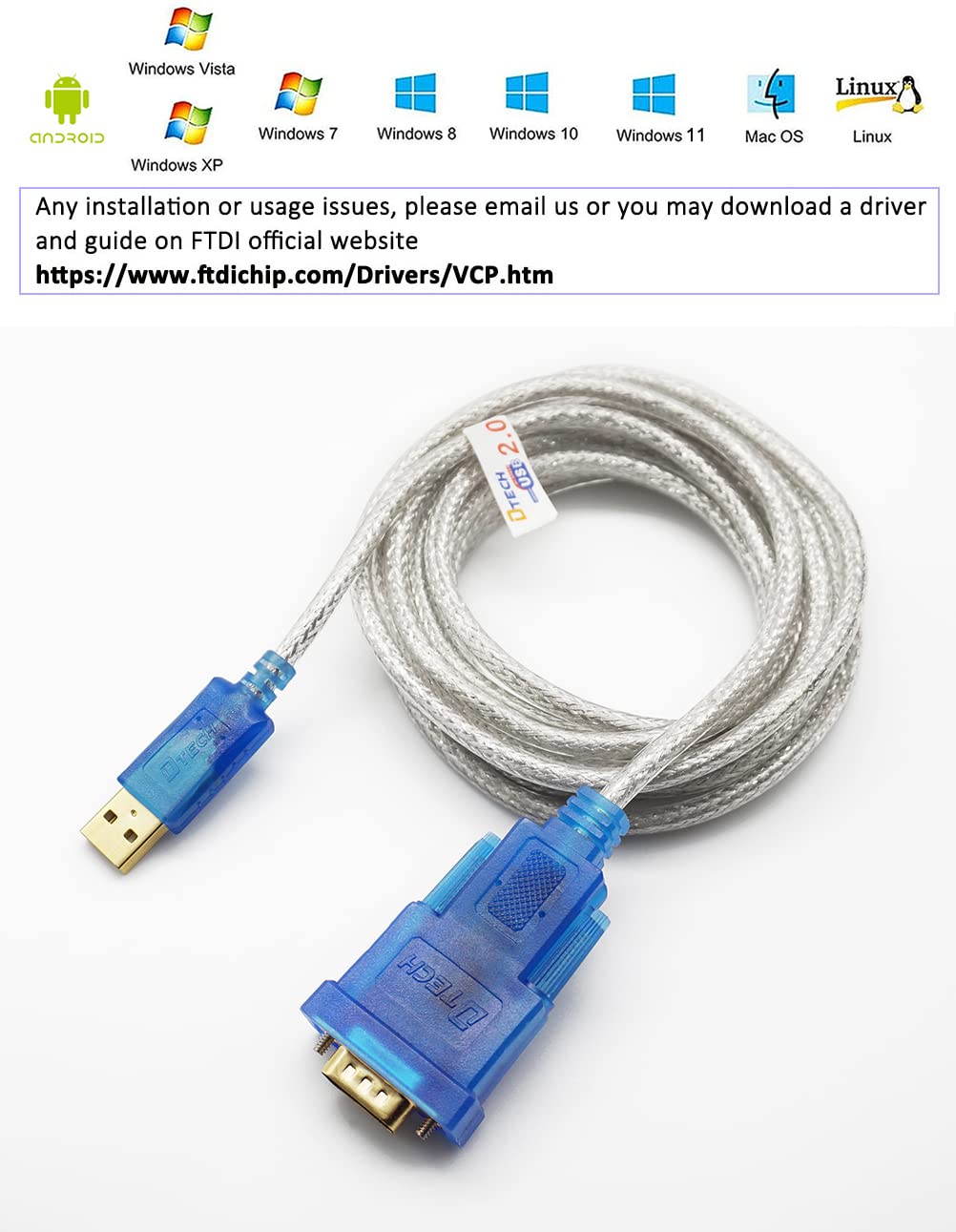 DTech USB to Serial Adapter Cable RS232 DB9 Male Port with FTDI FT232RL Chipset Supports Windows 11 10 8 7 and Mac Linux (1.5 Feet)