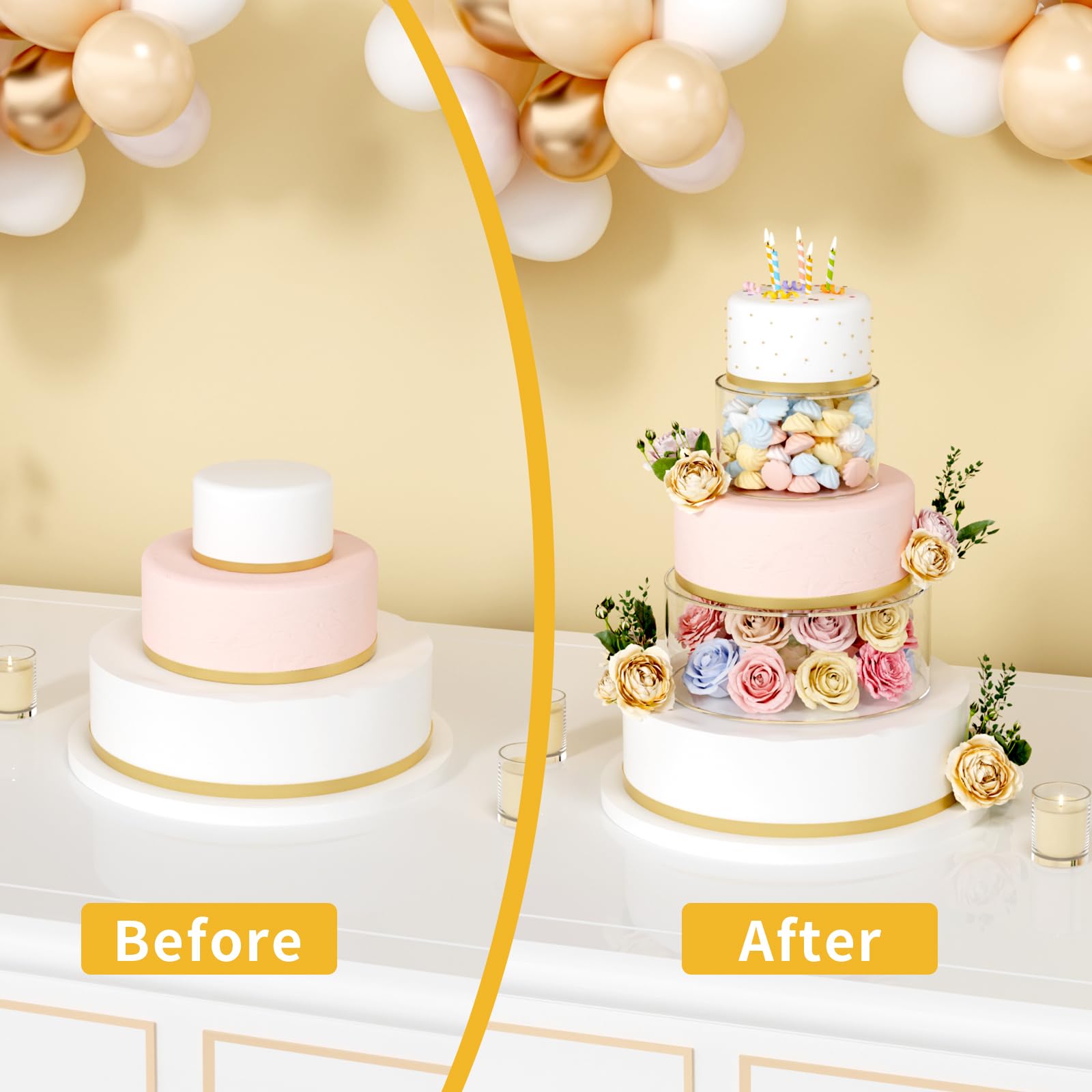 2 PCS Clear Acrylic Cake Stand, FEMELI Fillable Cake Box Case Tier Holder, Cylinder Round Cake Riser Display Box with Lid, Centerpiece Cake Base with Lights for Birthday Wedding Party Decor(10*4, 6*4)