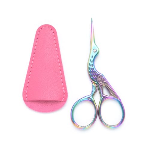 3.6 Inch Sewing Embroidery Scissors with Artificial Leather Cover Stainless Steel Stork Scissors Vintage Embroidery Scissors for Needlework, Manual Sewing Handicraft (Rainbow)