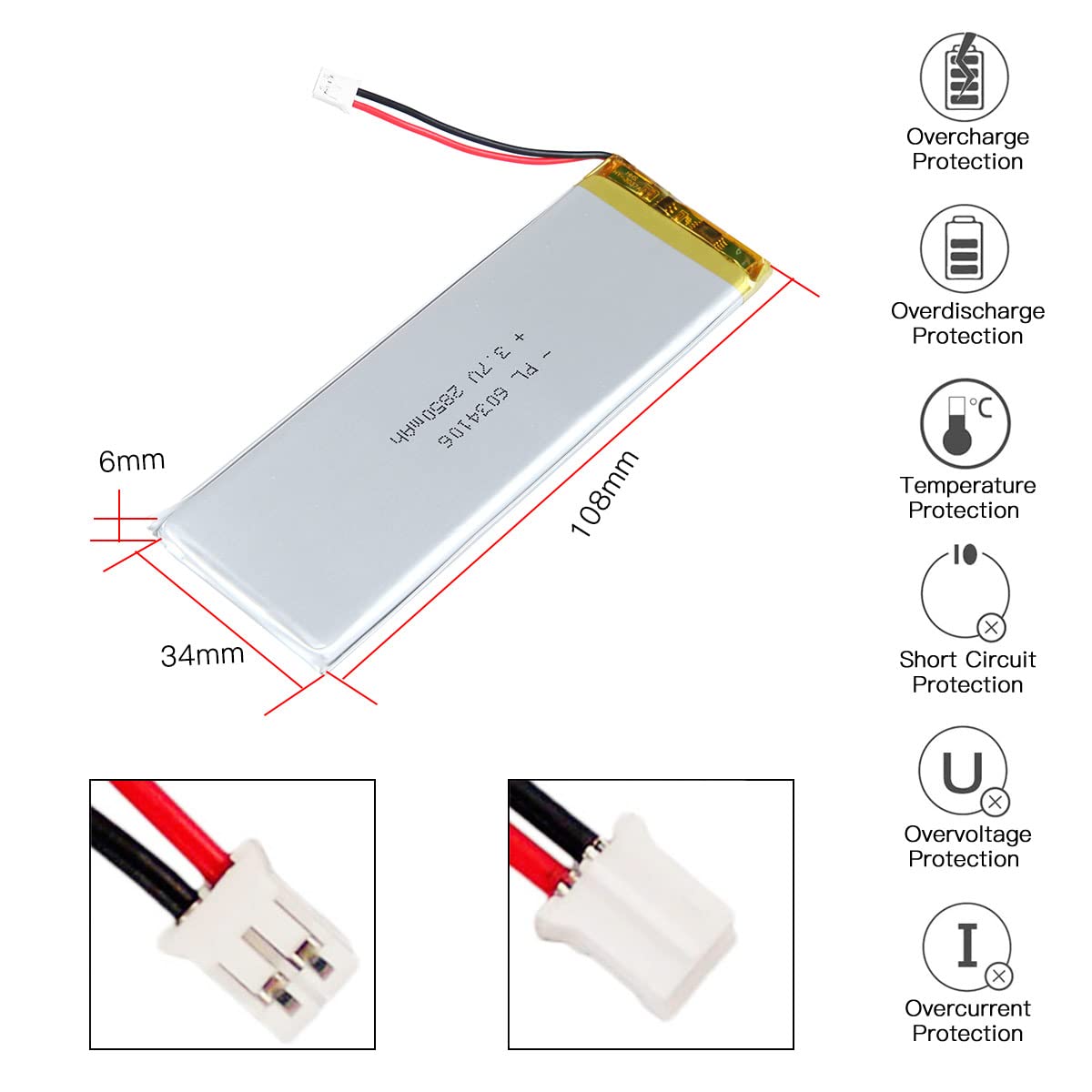 YTKavq 3.7v 2850mAh 6034106 Lithium Polymer Ion Battery Rechargeable Lipo Battery with PH 2.0mm Pitch Connector