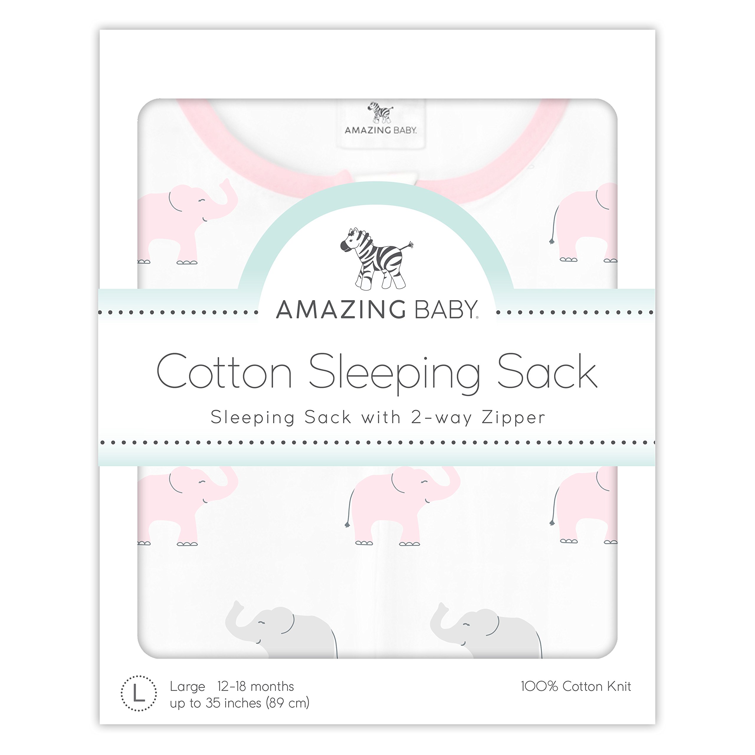 Amazing Baby Cotton Sleeping Sack, Wearable Blanket with 2-way Zipper, Pastel Pink + Gray Tiny Elephants, Small (0-6 mo)