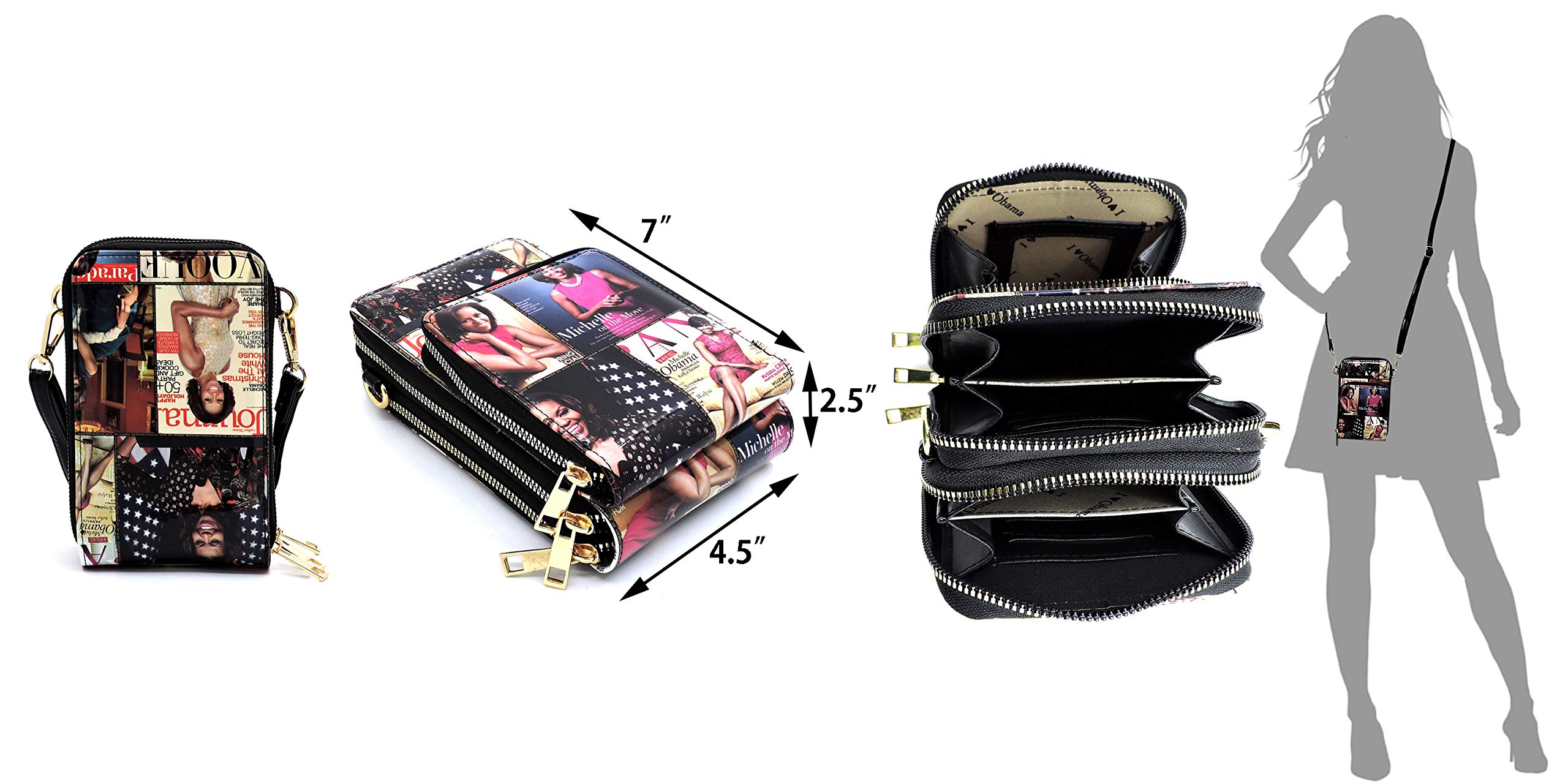 Amy & Joey Magazine Cover Collage Michelle Obama Printed Crossbody Bag Cellphone Purse Wallet (GRAY/BK)