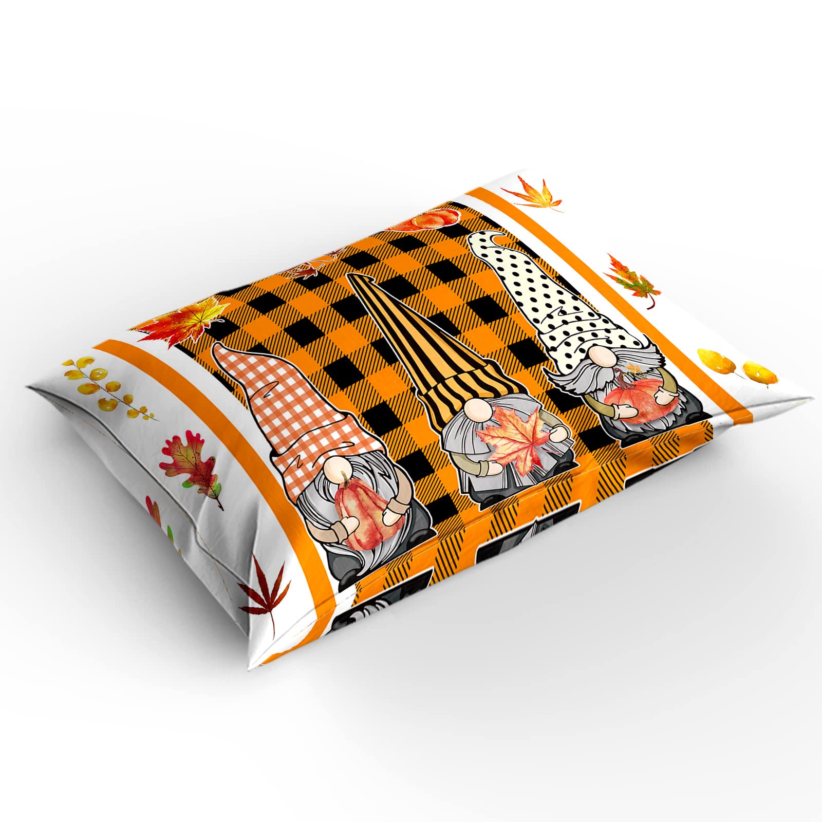 3 Pieces Bedding Set Queen Size, Fall Gnomes Soft Duvet Cover Set Comforter Cover Set with Zipper Closure All-Season Breathable Bedding Set Thanksgiving Orange Black Plaid Autumn Maple Leaf Pumpkin