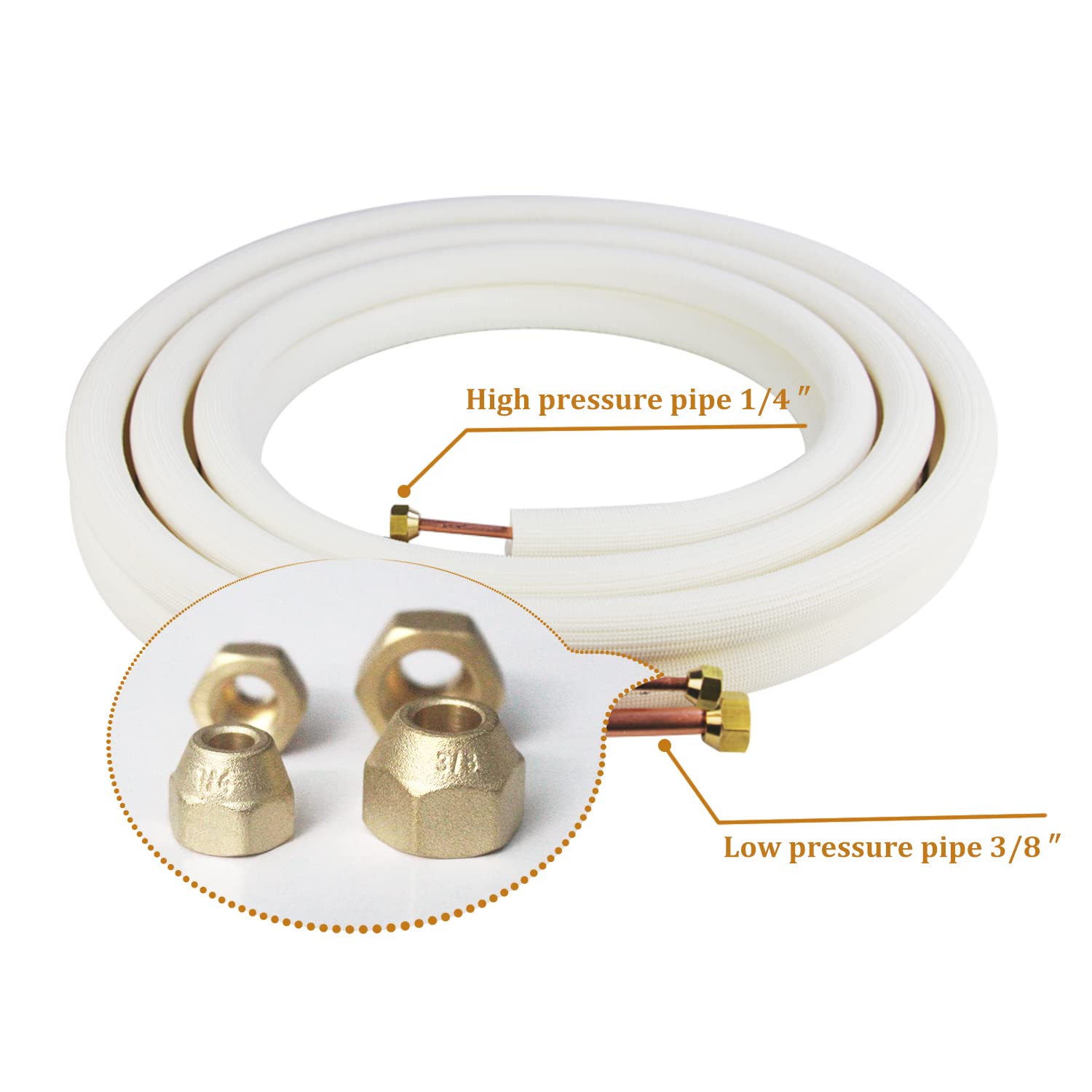 16 Ft Air Conditioning Copper Tubing Pipe Extension Set,Copper Pipes 1/4" & 3/8" with 3/8" PE Thickened for Mini Split AC and Heating Equipment Insulated Coil Line Set HVAC (1/4" + 3/8" WITH NUTS)