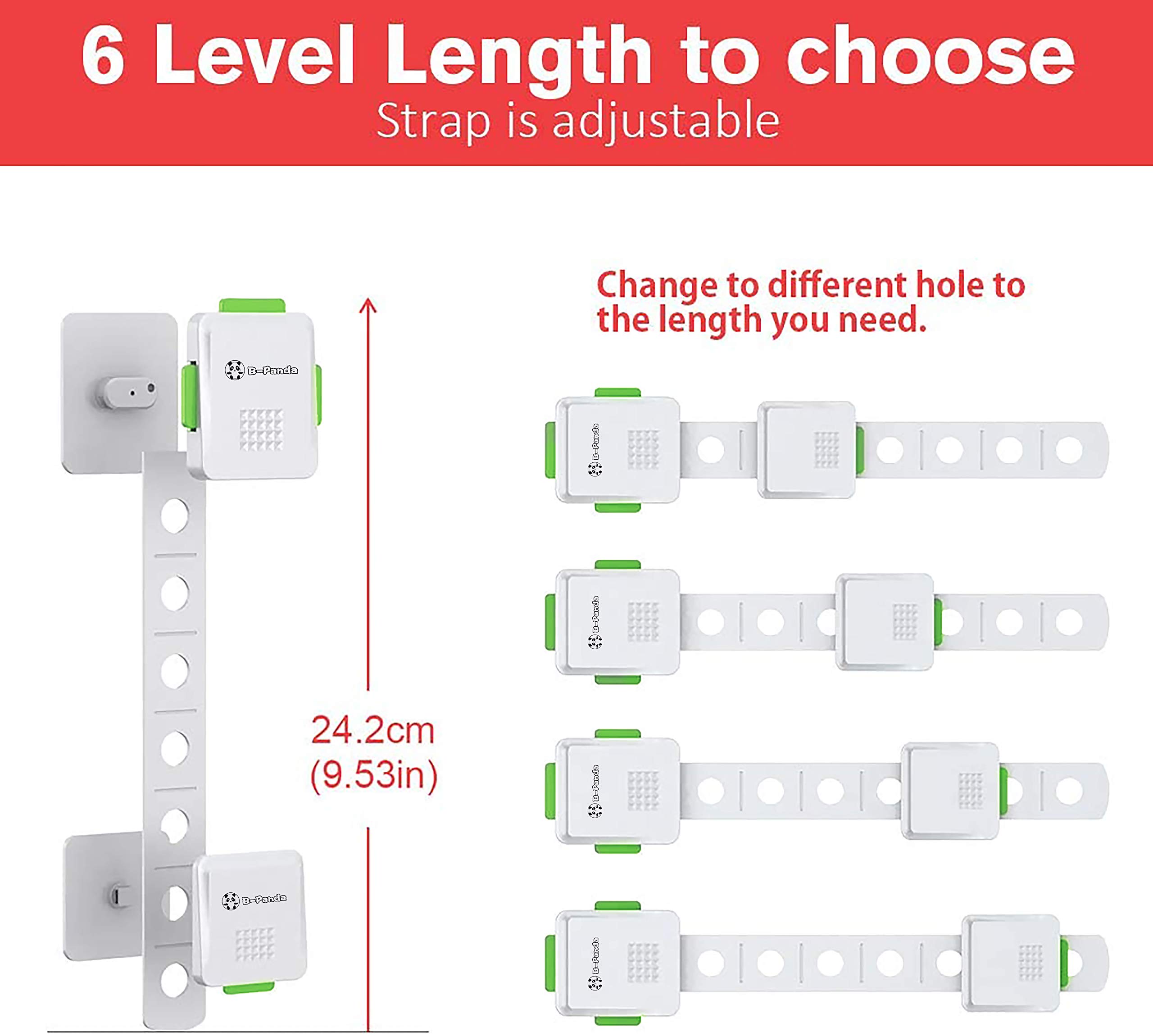 Baby Safety Cabinet Locks with Adjustable Strap,No Drilling,Baby Proofing for Refrigerators, Toilets, Doors,2/8 Count,Green/Grey