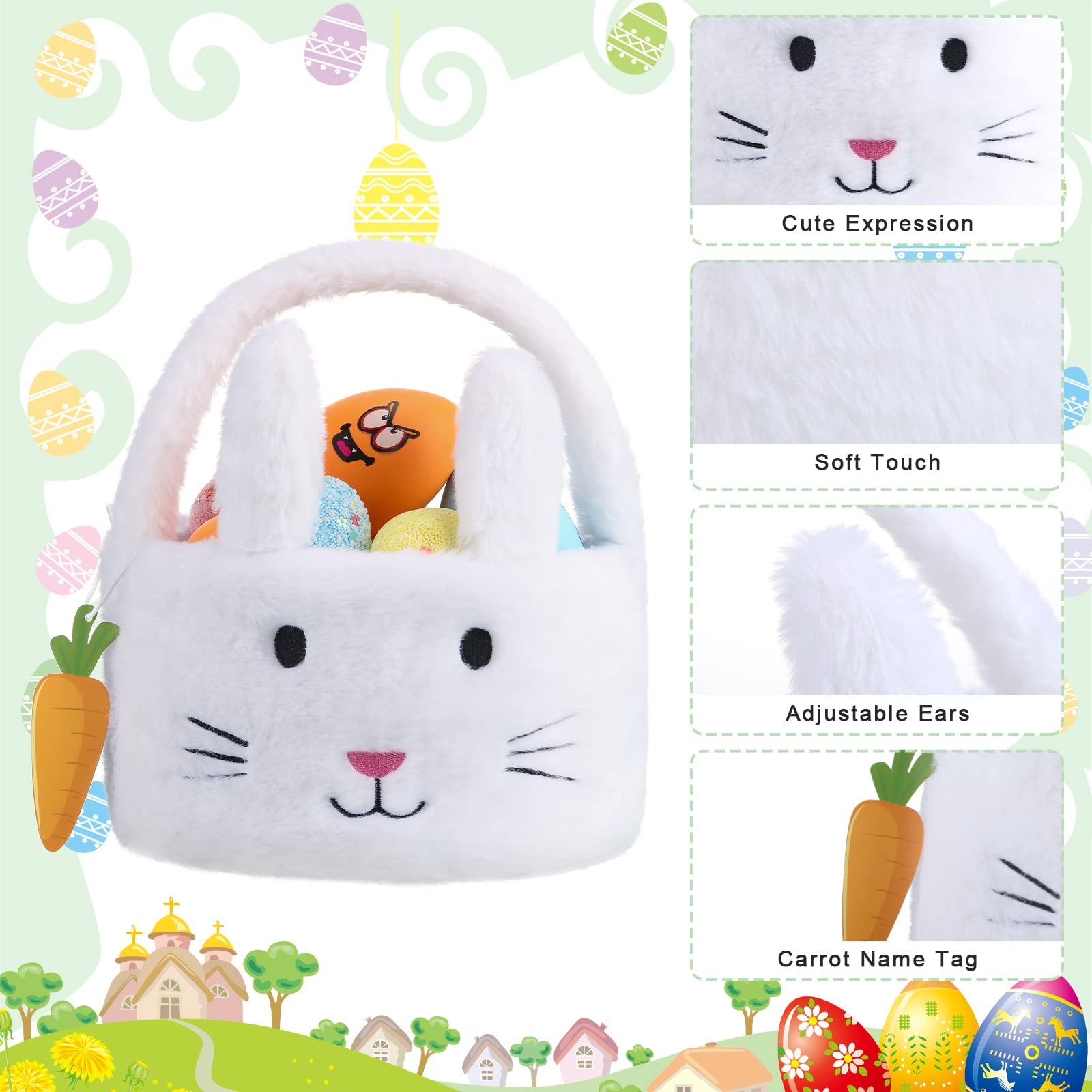 4 Pcs Easter Bunny Basket for Kids Cute Plush Rabbit Basket with Handle Foldable Ears White Basket with Carrot Name Card for Baby Girl Boy Easter Egg Hunt, 9.84 x 7.87 Inch