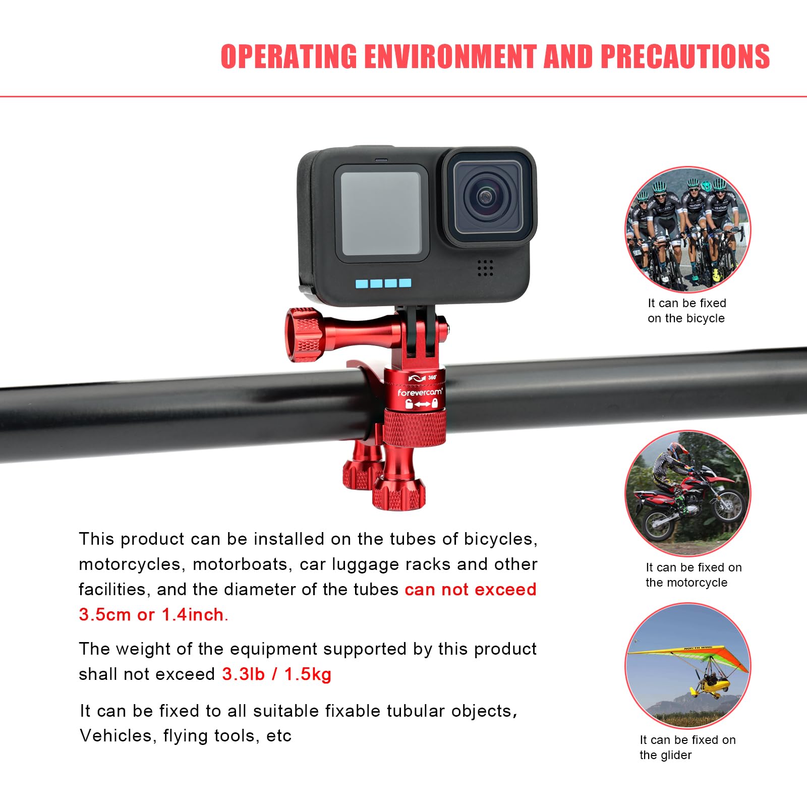 Forevercam Bike Handlebar Mount for Gopro Hero 13/12/11/10/9/8/Insta360/AKASO/DJI Osmo Aluminum Bike/Motorcycle Mount 360°Rotation and Lock Any Direction(Red)
