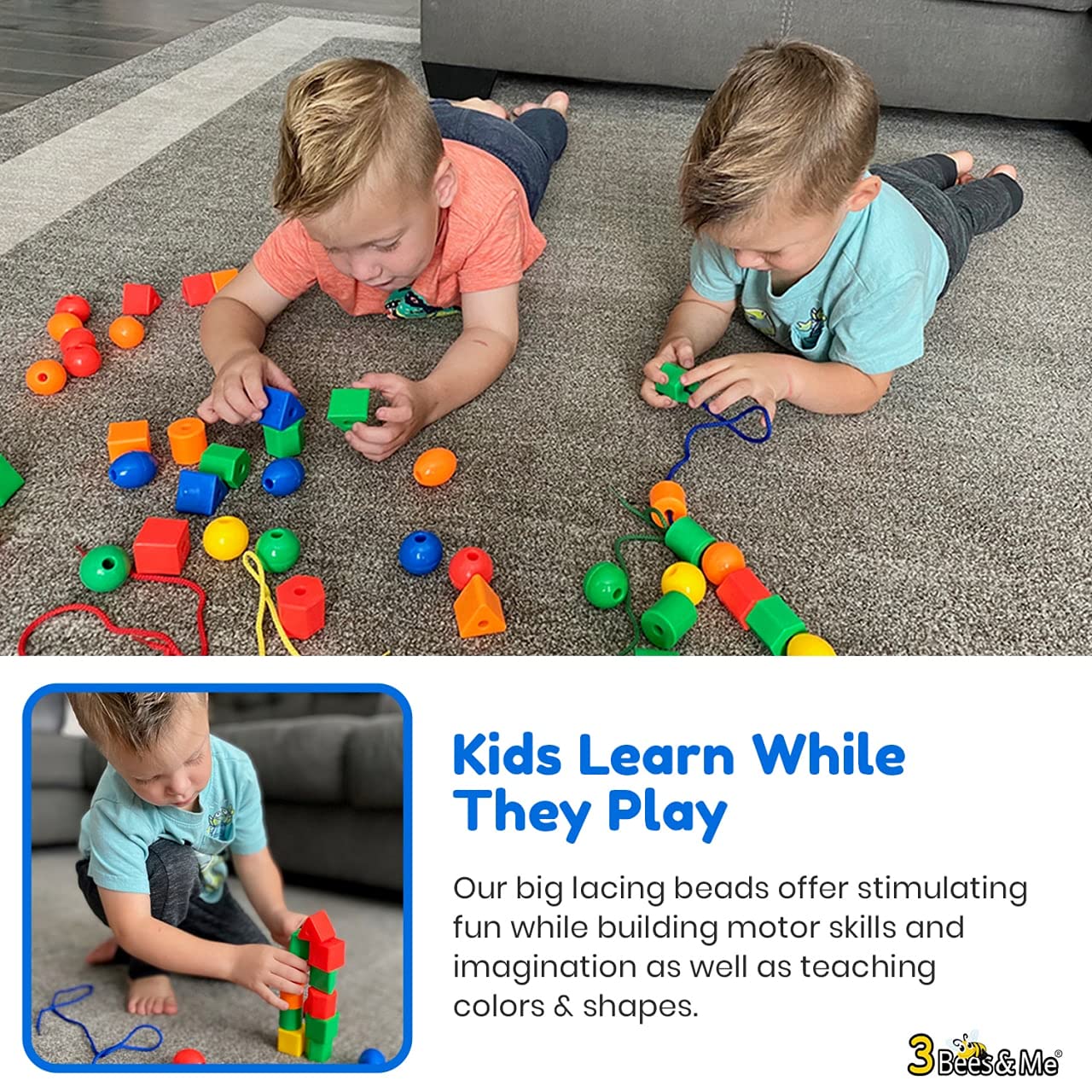 3 Bees & Me Jumbo Lacing Beads - Threading Toys for Toddlers & Kids Ages 3-5 - Fine Motor Preschool Activity with 50 Large Beads & Strings