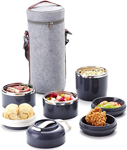 Cute Bento Stackable Lunch Box with Flatware Set Stainless Steel Lunch Containers Leakproof Food Container Insulated Lunch Bag for Adults Women Men (Gray, 3-Tier)