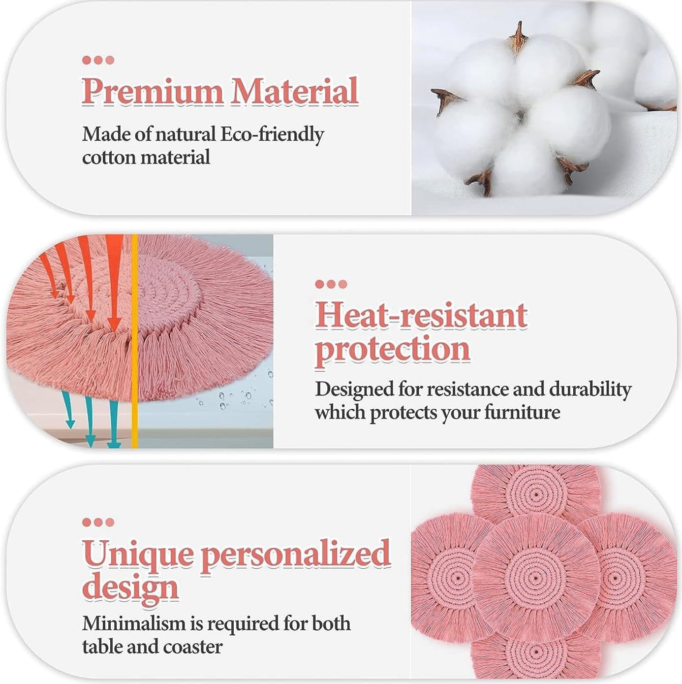 2 Pack Cotton Coasters for Drinks, Round Woven Absorbent Coasters with Tassels, Boho Decor Macrame Coasters Heat Protection Mat for Home, Office and Bar, Housewarming Gift-7in (Pink)