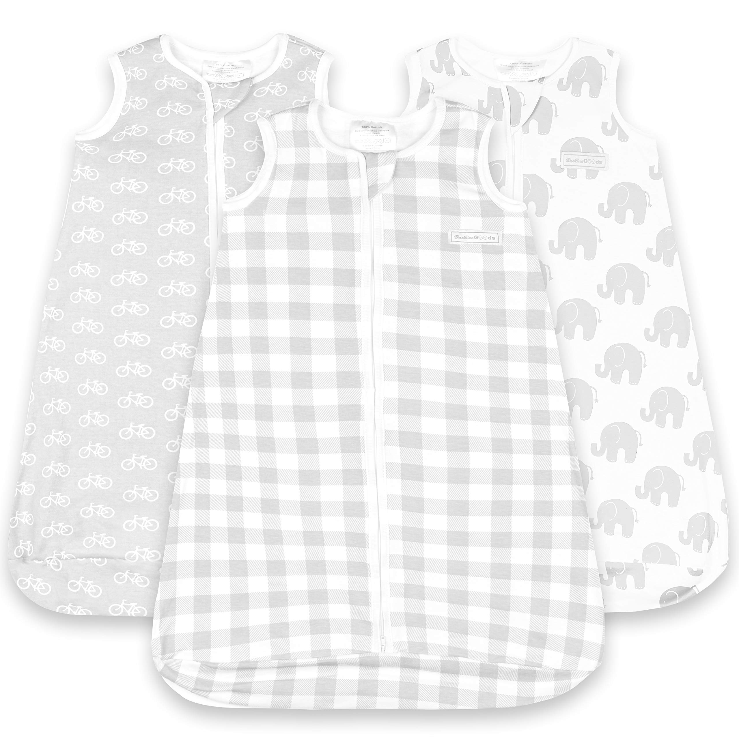 Baby Sleeping Bag Sack – Infant Sleeping Bags – 3 Pack - Pure Cotton Unisex Zip Up Wearable Blanket for Sleeping Boys & Girls (Grey Plaid, 6-12 Months)