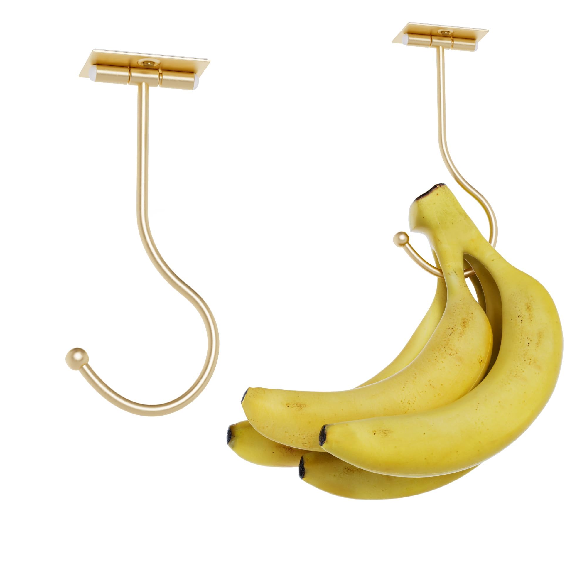 2-Pack Banana Hook Under Cabinet: Banana Holder,Metal Banana Hanger Hook,Adhesive Banana Hook, Foldable Banana Hook, Folds Up With Magnets When Not In Use, Banana Rack,Keep Bananas Fresh (Gold)