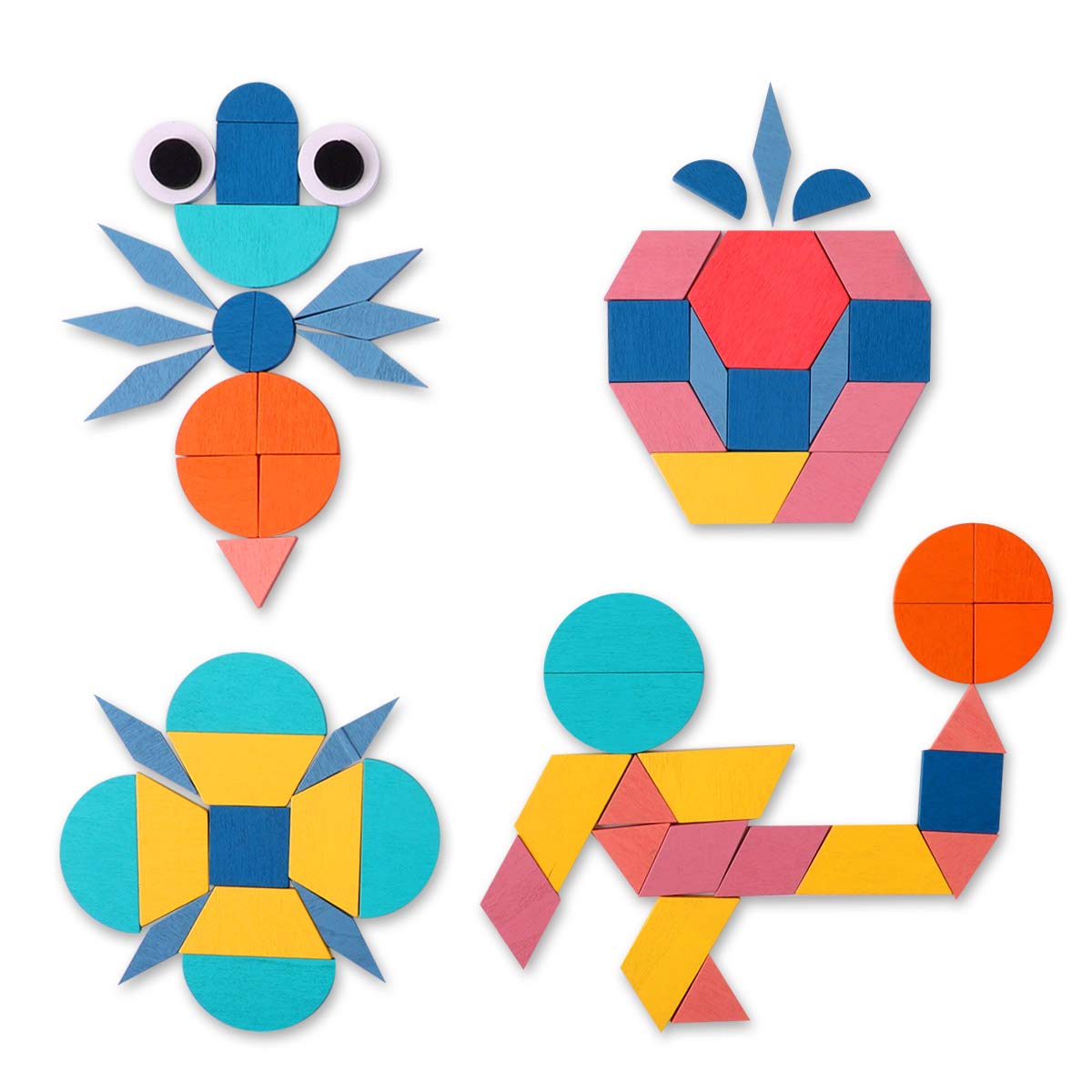 180 Pcs Wooden Pattern Blocks Set Geometric Manipulative Shape Puzzle Kindergarten Classic Educational Montessori Tangram Toys Kids Ages 4-8 Jigsaw Puzzles Gift, 24 Pcs Design Cards